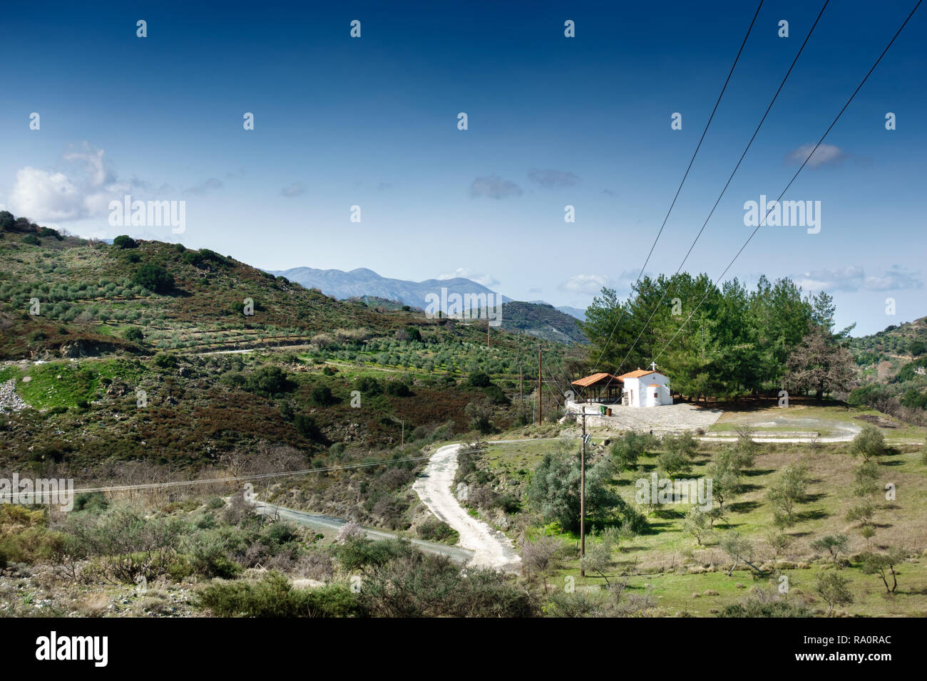 Electric poles on landscape of mountain Crete Greece Stock Photo - Alamy