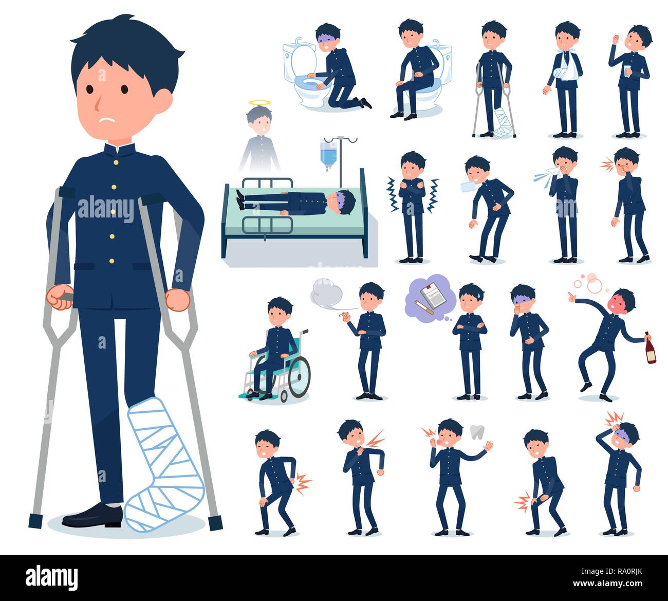 A set of school boy with injury and illness.There are actions that ...