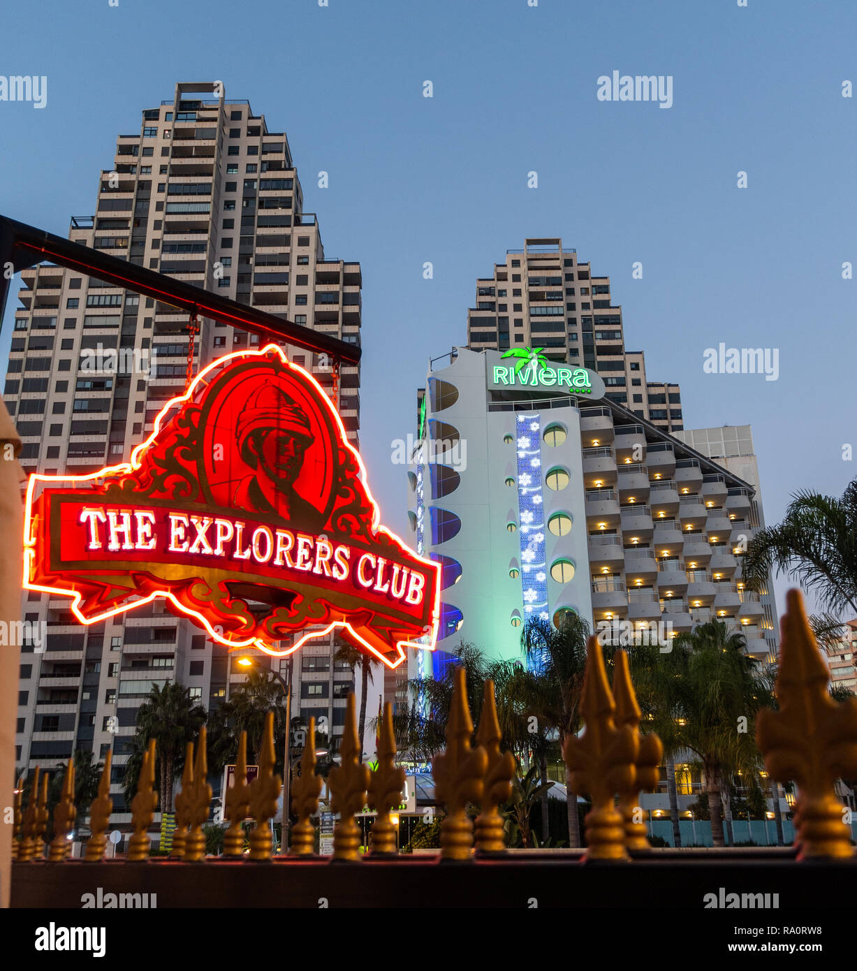 The Explores Club and Riviera Hotel at dusk in Benidorm New Town ...