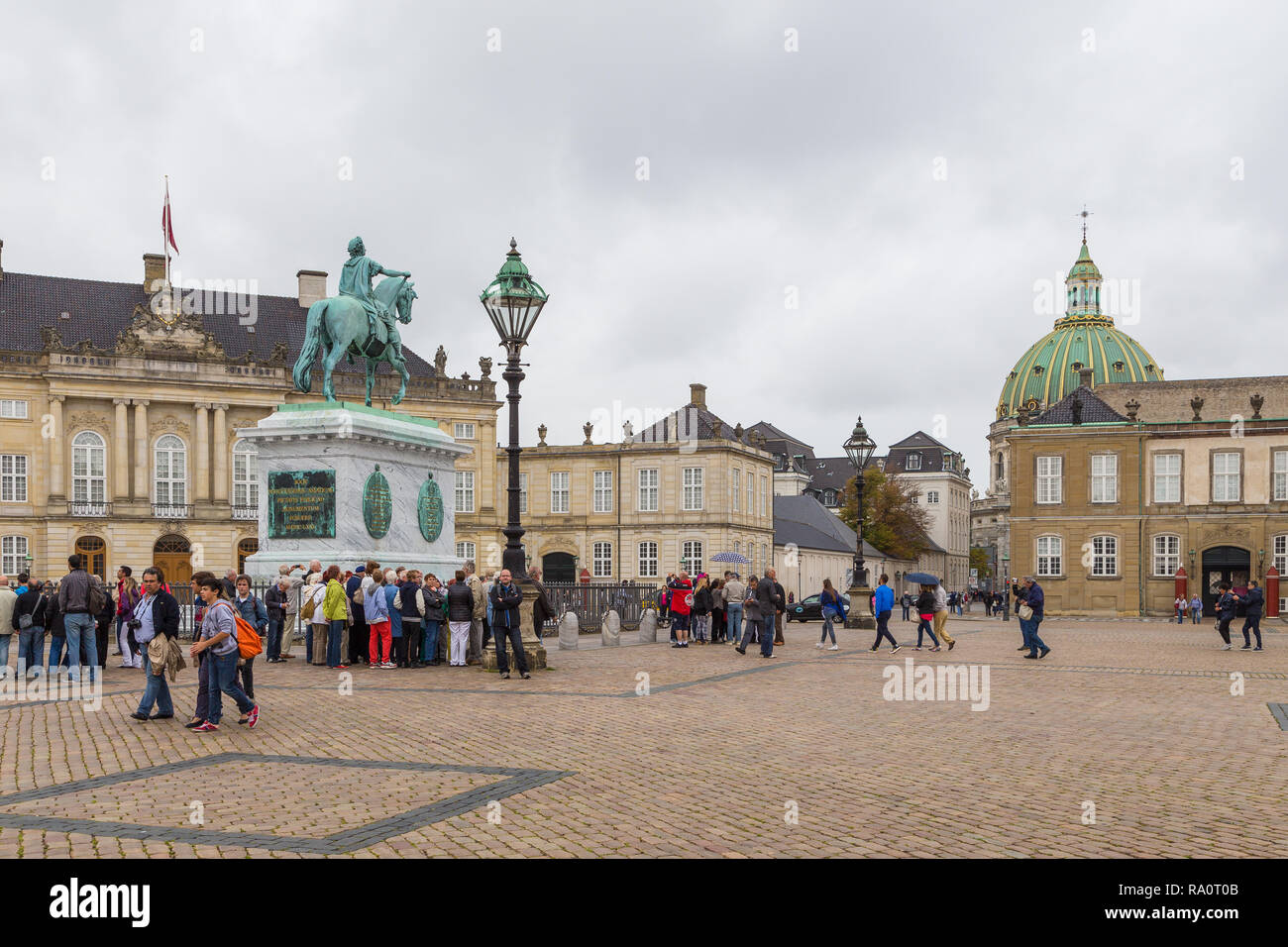 Copenhagen, Denmark- 30 August 2014: Amalienborg, riding statue of King ...