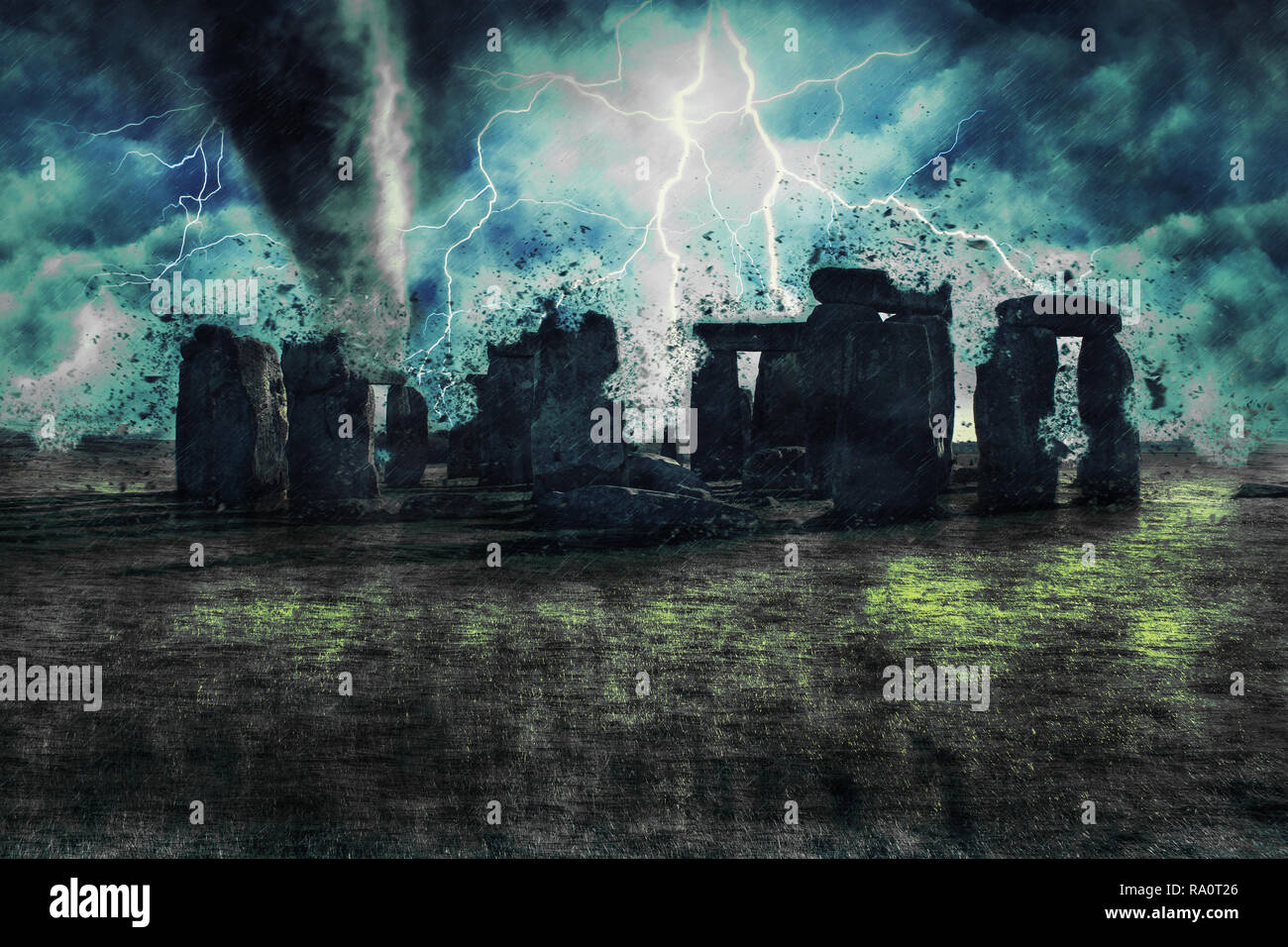 Stonehenge during the heavy storm, rain and lighting in England ...
