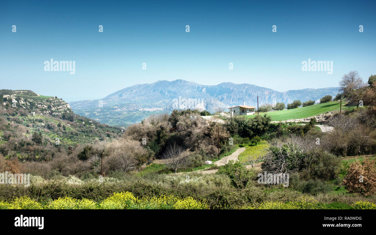 Landscape view of mountains and field Crete Greece Europe Stock Photo ...