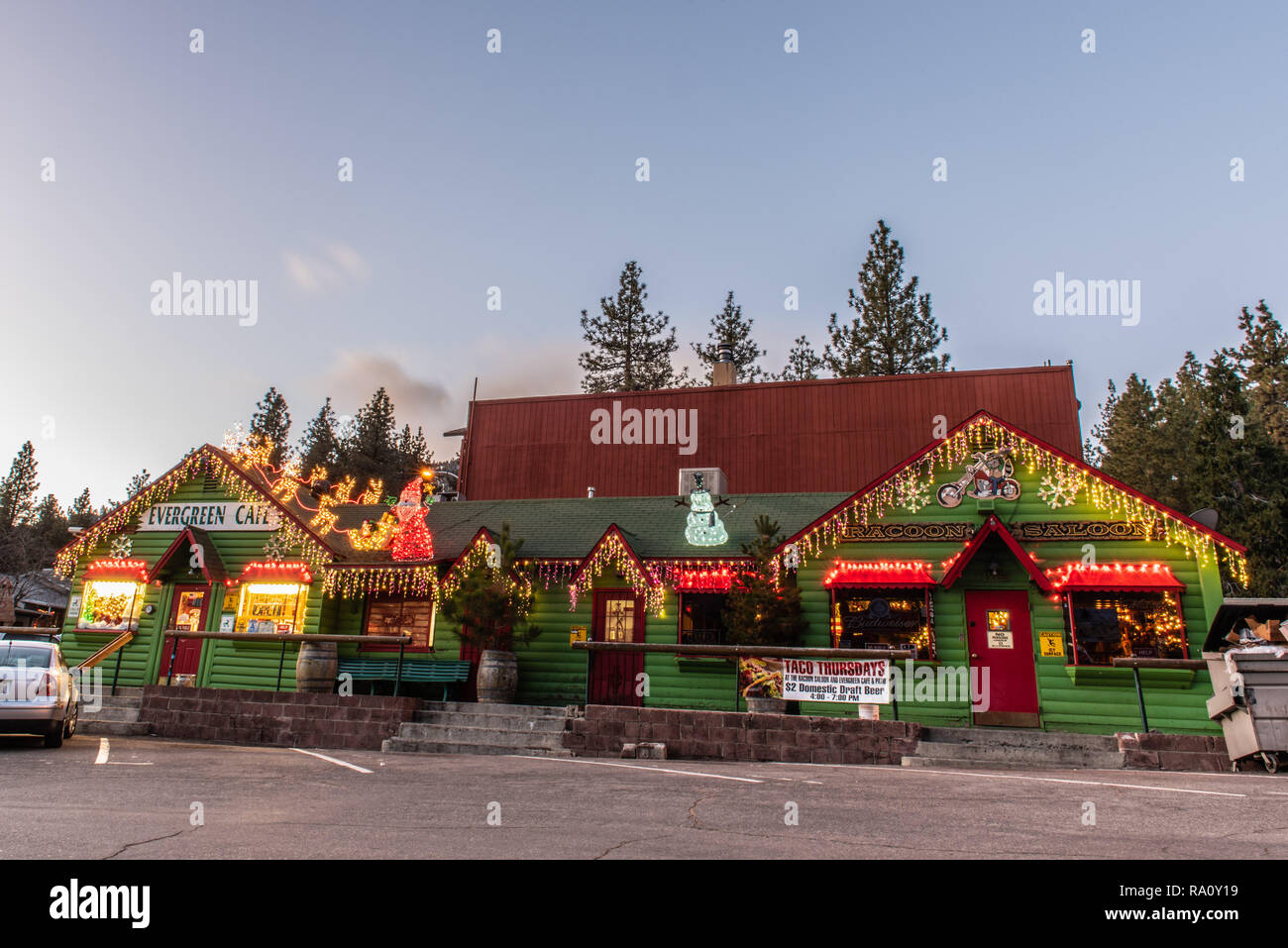 Evergreen Cafe and Racoon Saloon decorated in Christmas holiday lights ...