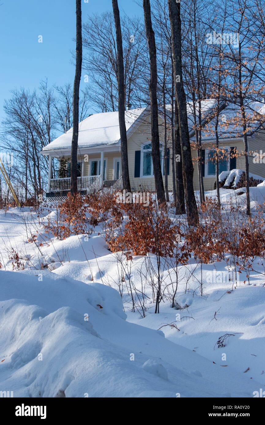 Snowy rural scene with Yellow house. Winter scene in December in Quebec ...