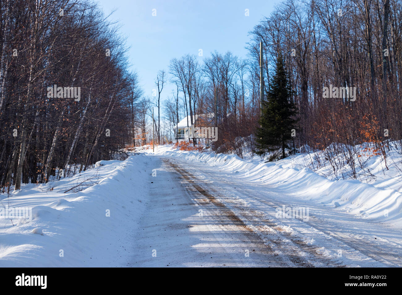 Rural scene in Winter - Wooden road with snow and Yellow house in ...