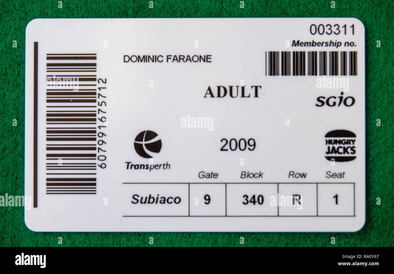 Back of West Coast Eagles Football Club membership card for the year ...