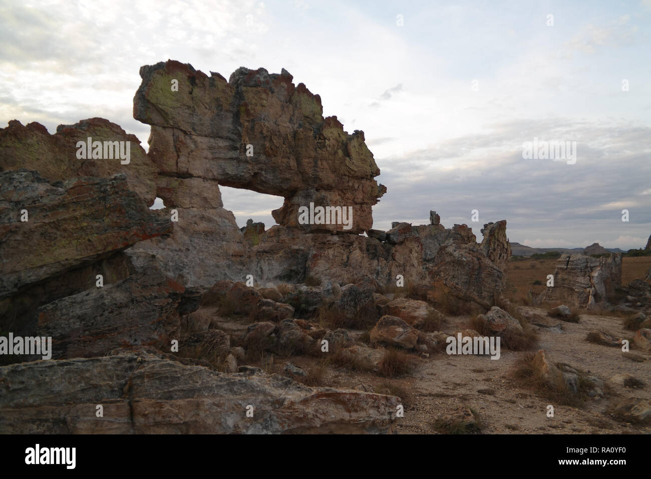 Abstract Rock formation aka window at Isalo national park at sunset in ...