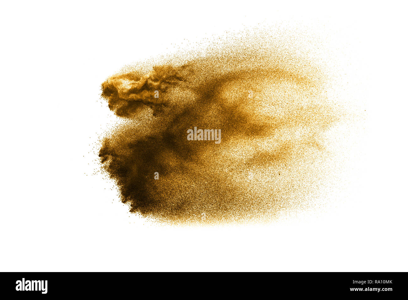 Dry river sand explosion. Golden colored sand splash against white ...