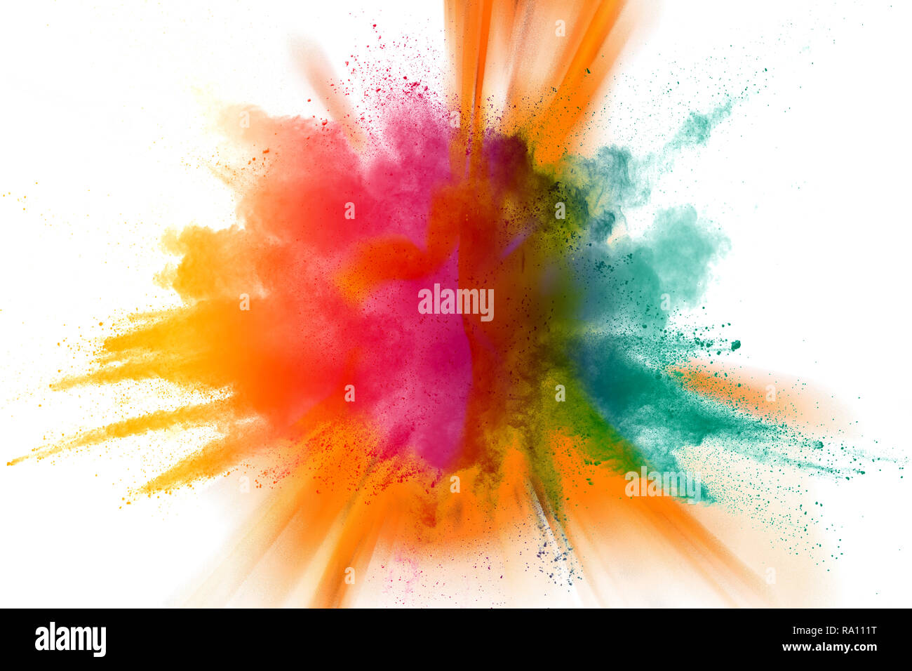 Multicolored powder explosion on white background Stock Photo - Alamy