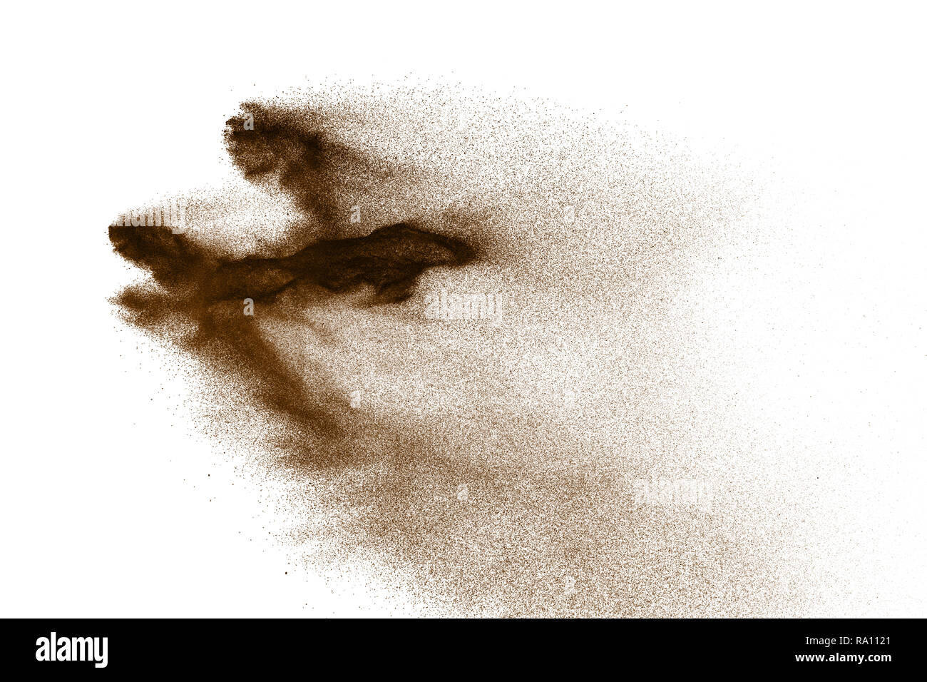 Brown particles splattered on white background. Brown dust splashing ...