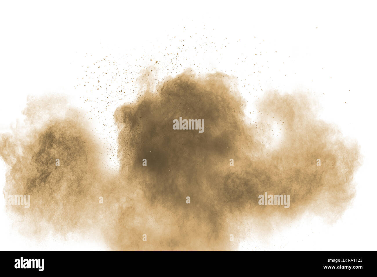 Brown particles splattered on white background. Brown dust splashing ...