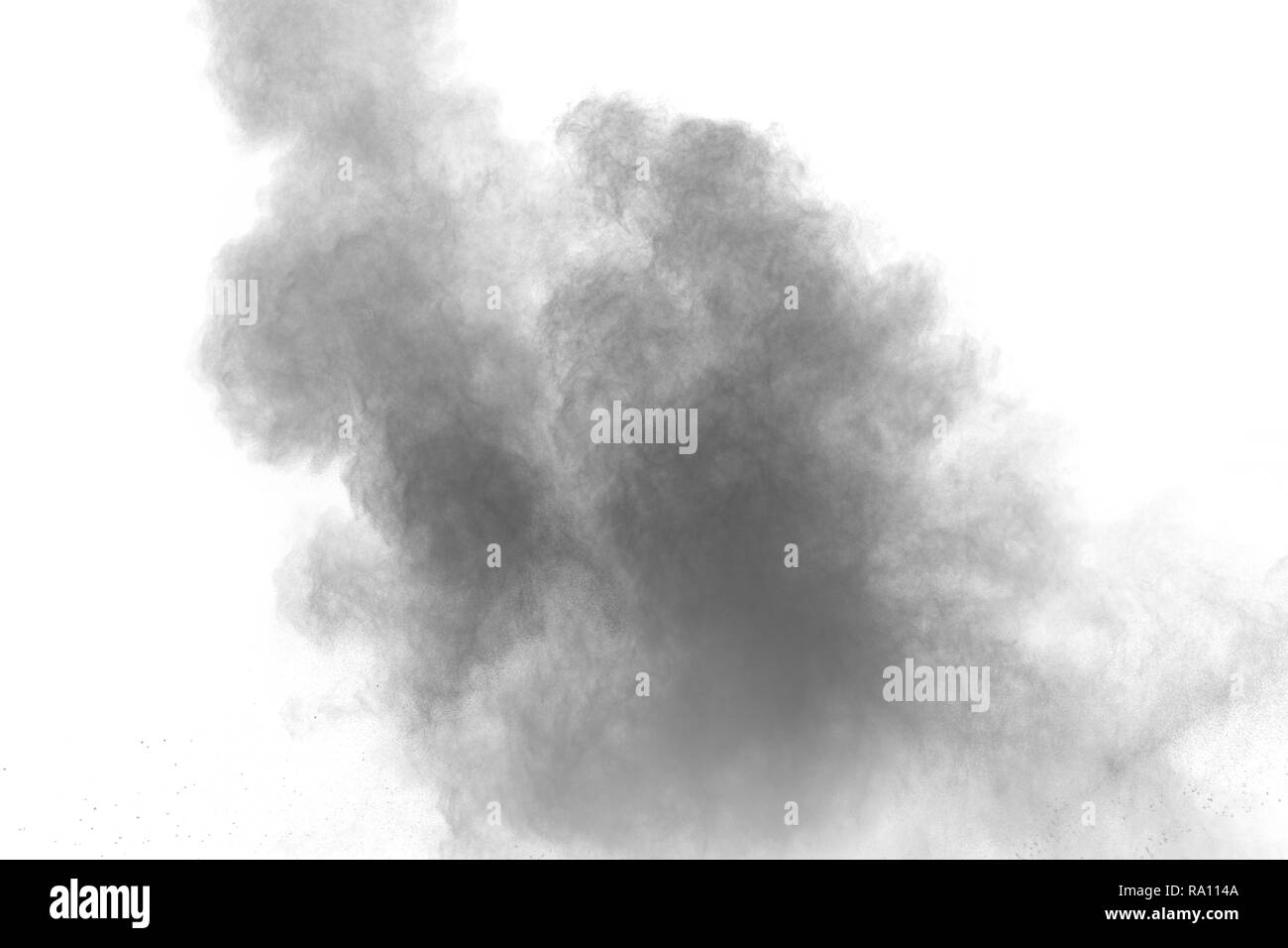 Black powder explosion on white background.Black dust particles splash ...