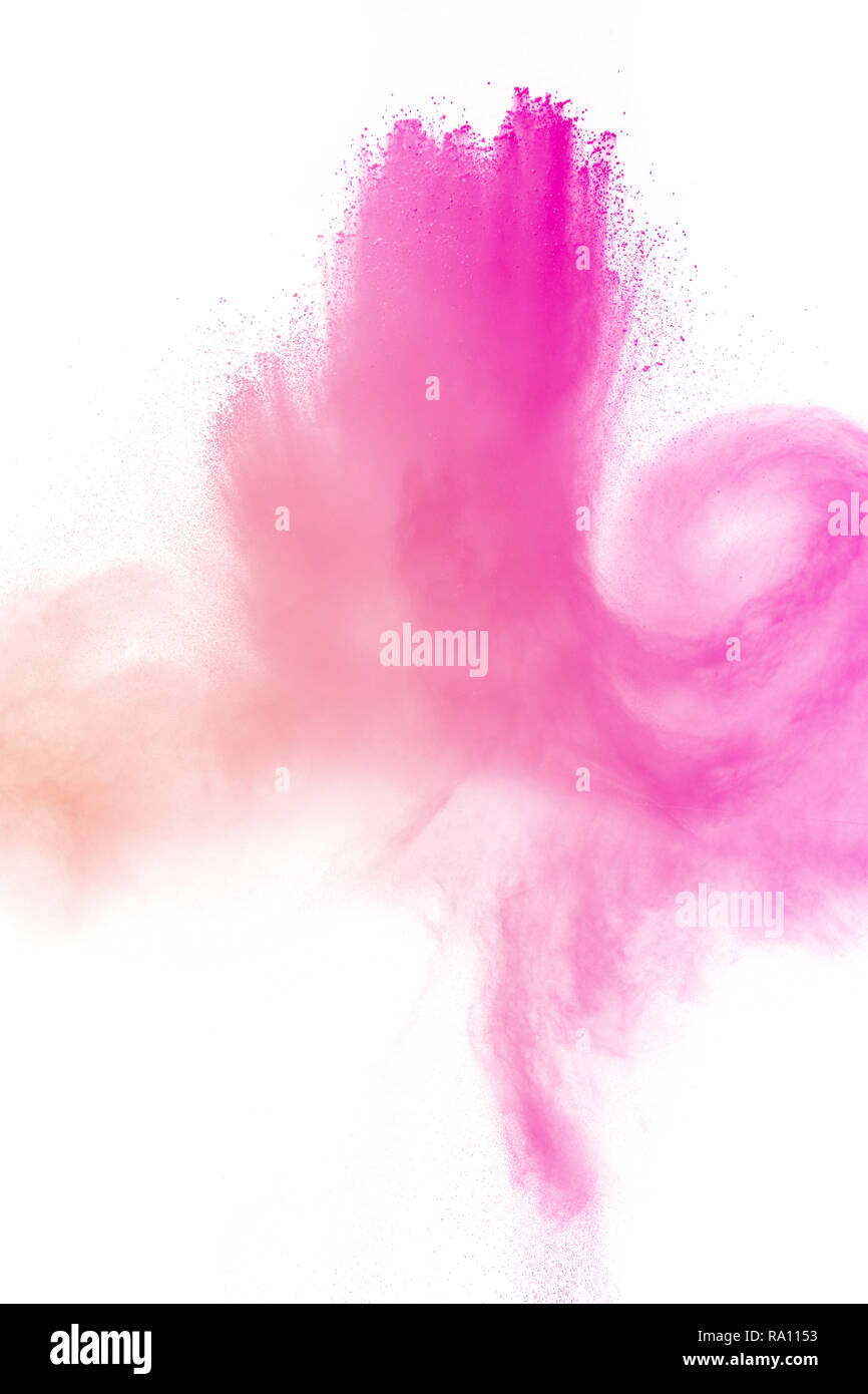 pink particles splatter on white background. Pink powder exploding ...