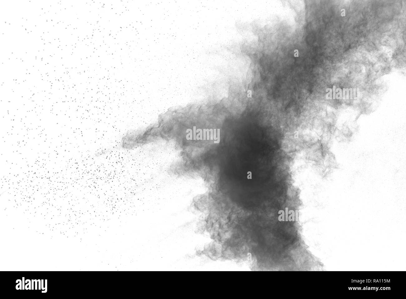 Black powder explosion on white background. Black dust particles splash ...