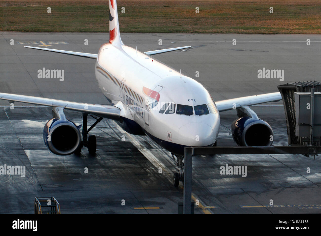 BA arrival. at the gate, Heathrow airport. London UK. Terminal 5, BA ...