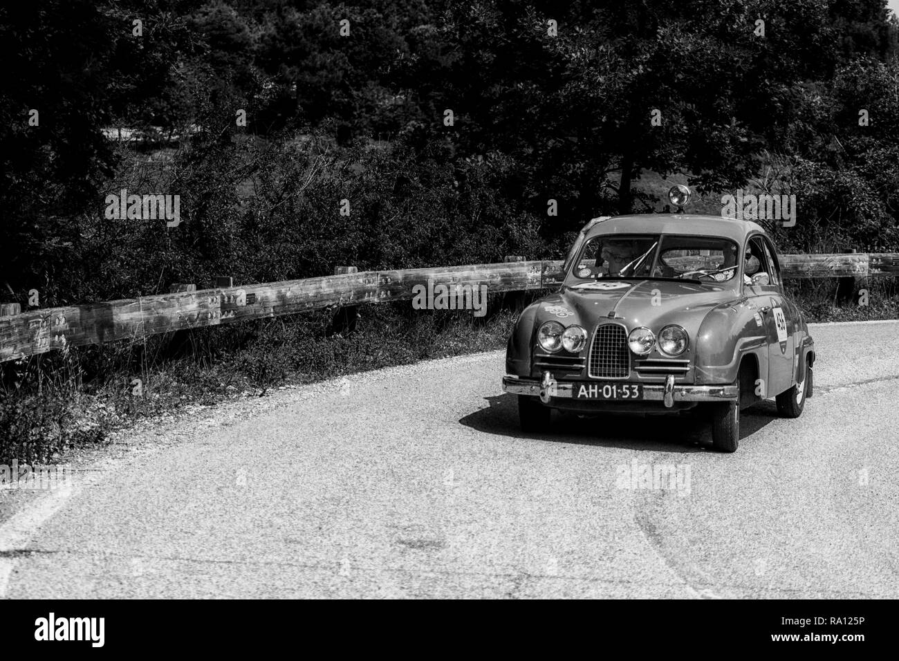 SAAB 93 1957 on an old racing car in rally Mille Miglia 2018 the famous ...