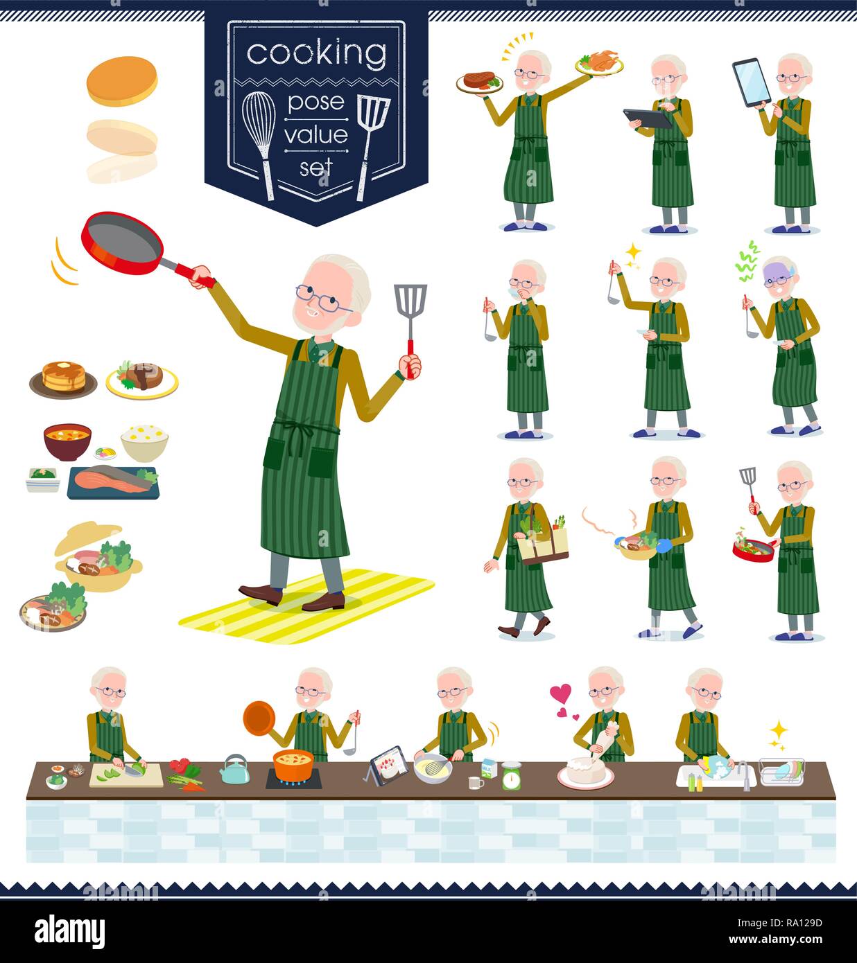 A set of old man about cooking.There are actions that are cooking in ...