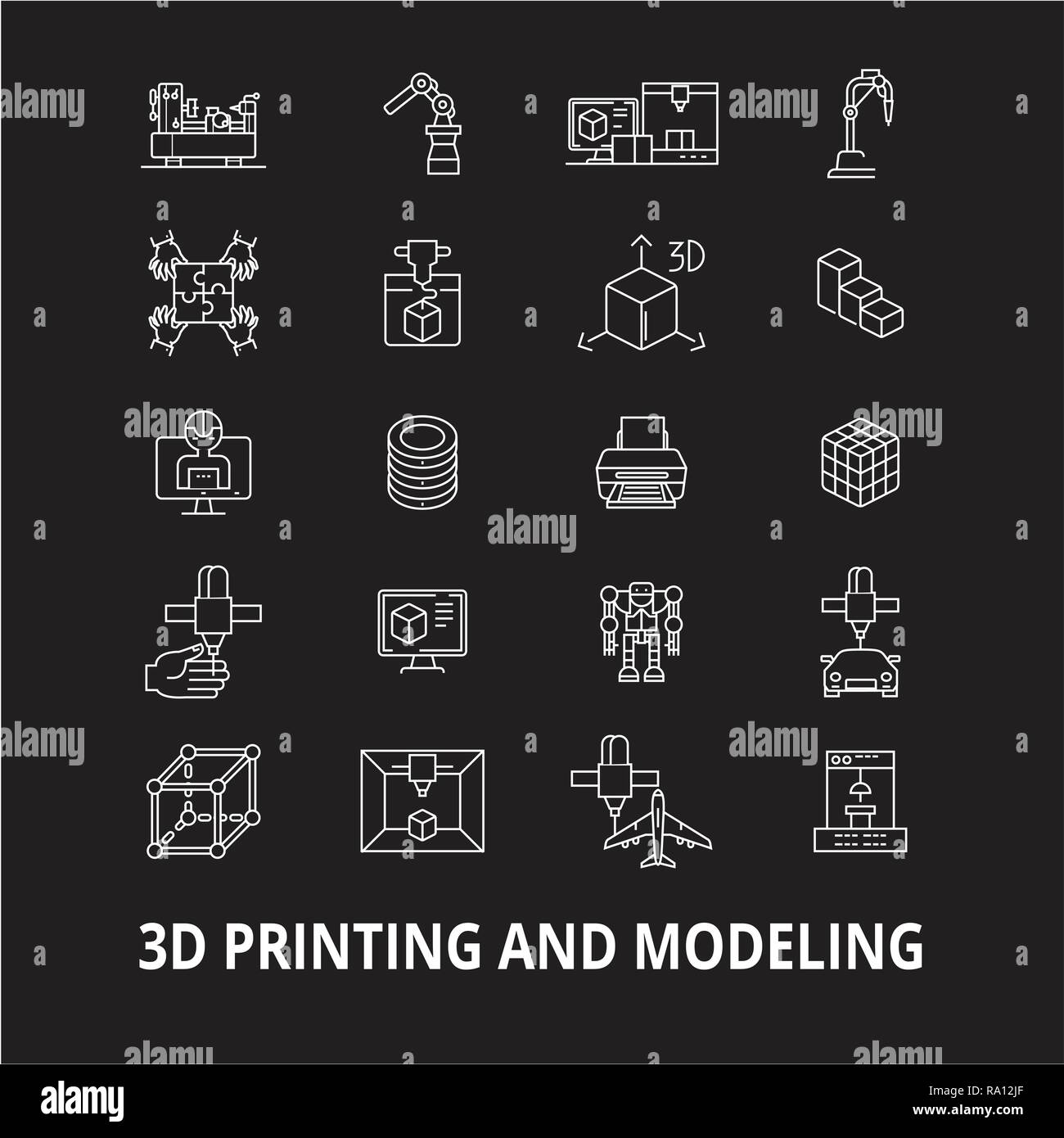 3d printing and modeling editable line icons vector set on black ... 3d printing and modeling editable line icons vector set on black ...