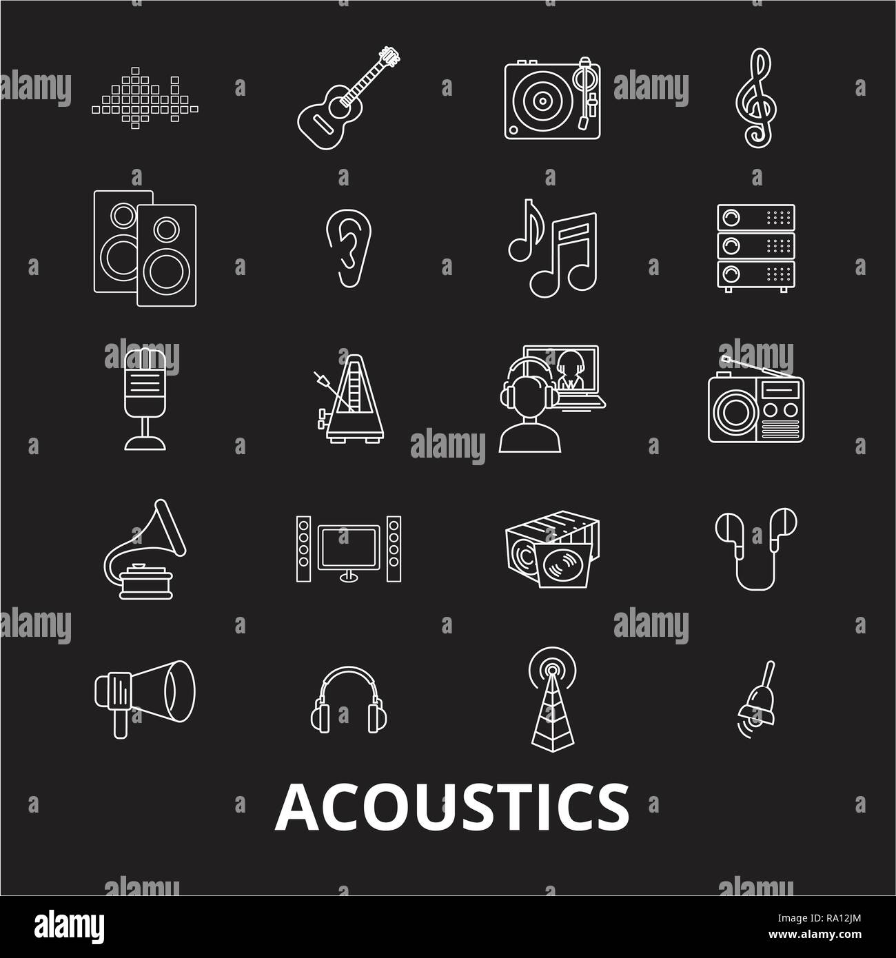 Acoustics editable line icons vector set on black background. Acoustics ...