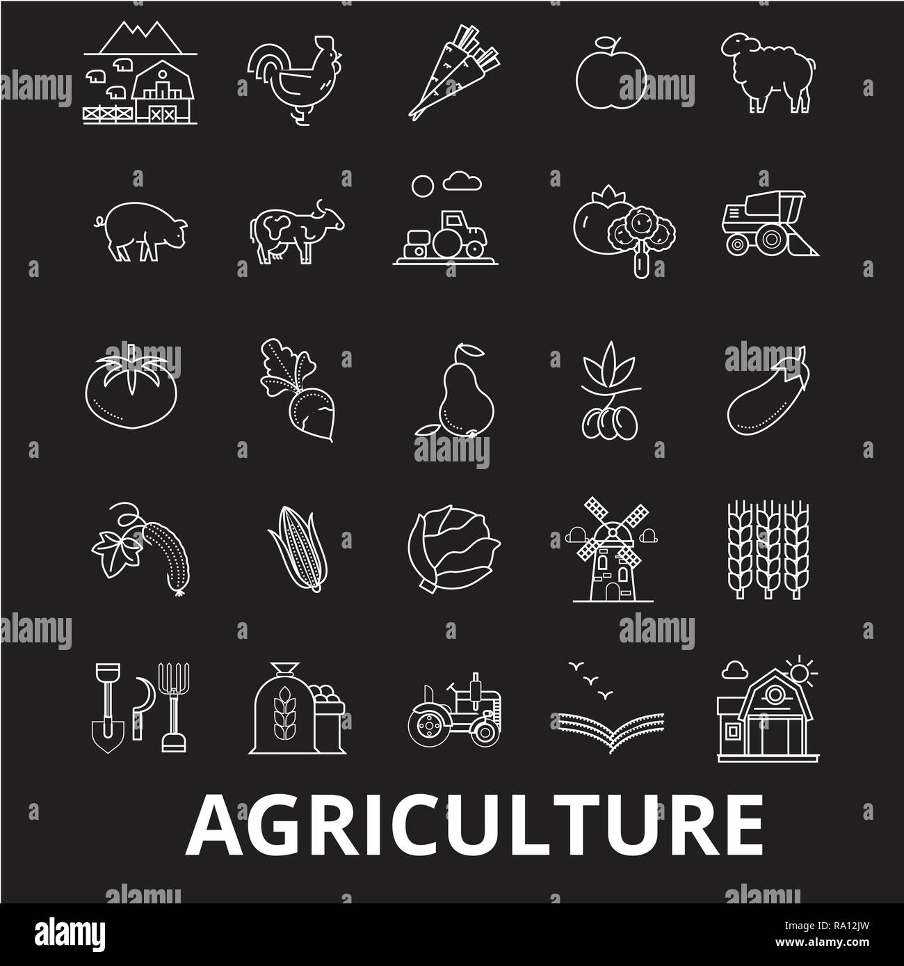 Agriculture editable line icons vector set on black background ... Agriculture editable line icons vector set on black background ...