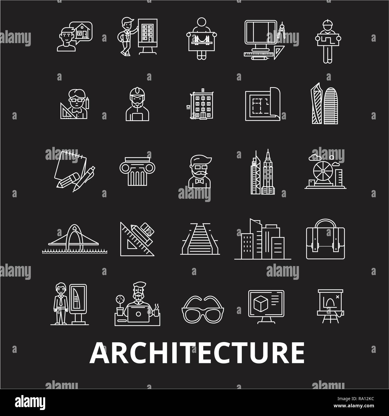 Architecture editable line icons vector set on black background ...
