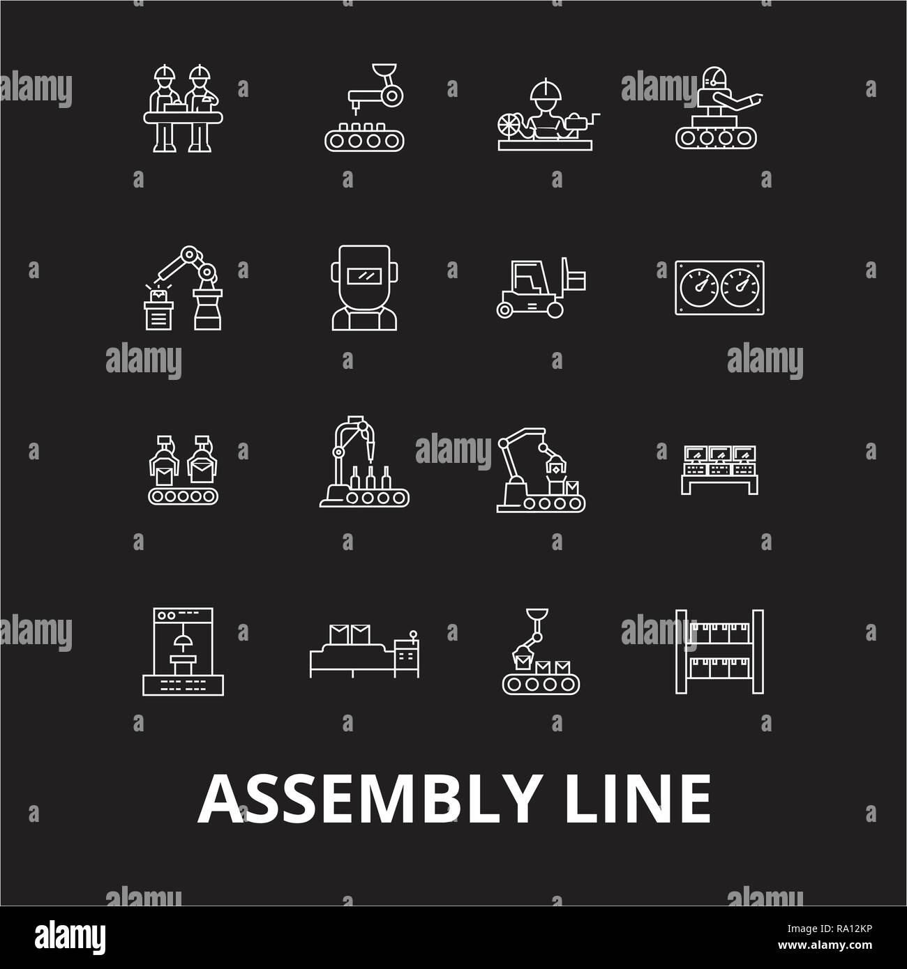 Assembly line editable line icons vector set on black background ...