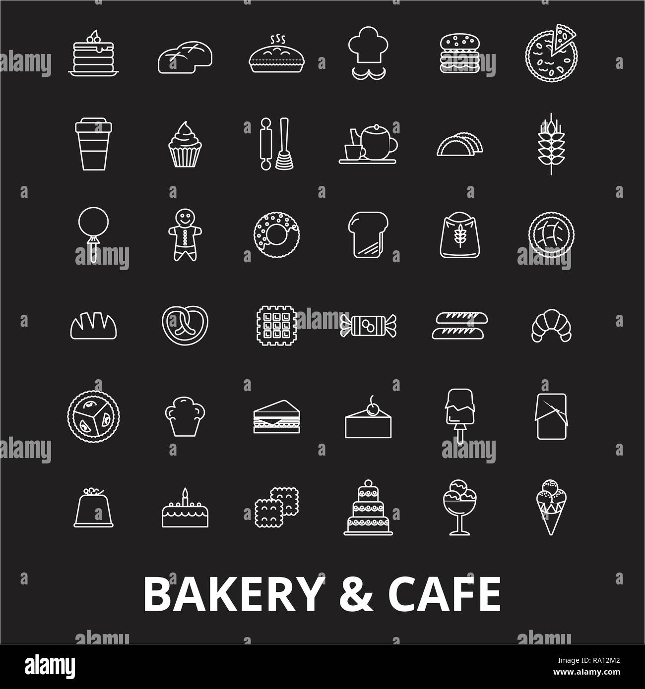 Bakery editable line icons vector set on black background. Bakery white ...
