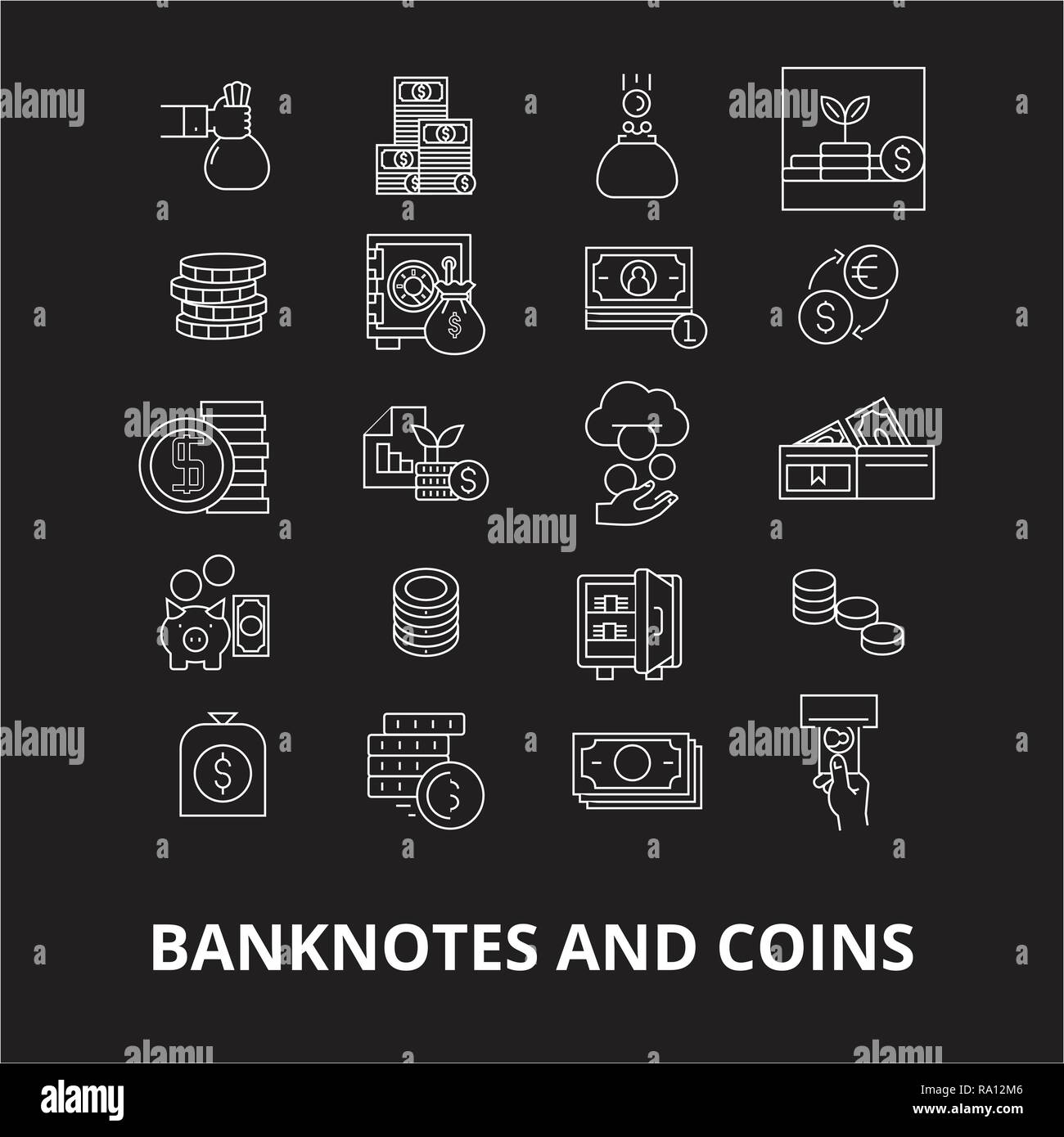 Banknotes and coins editable line icons vector set on black background ...