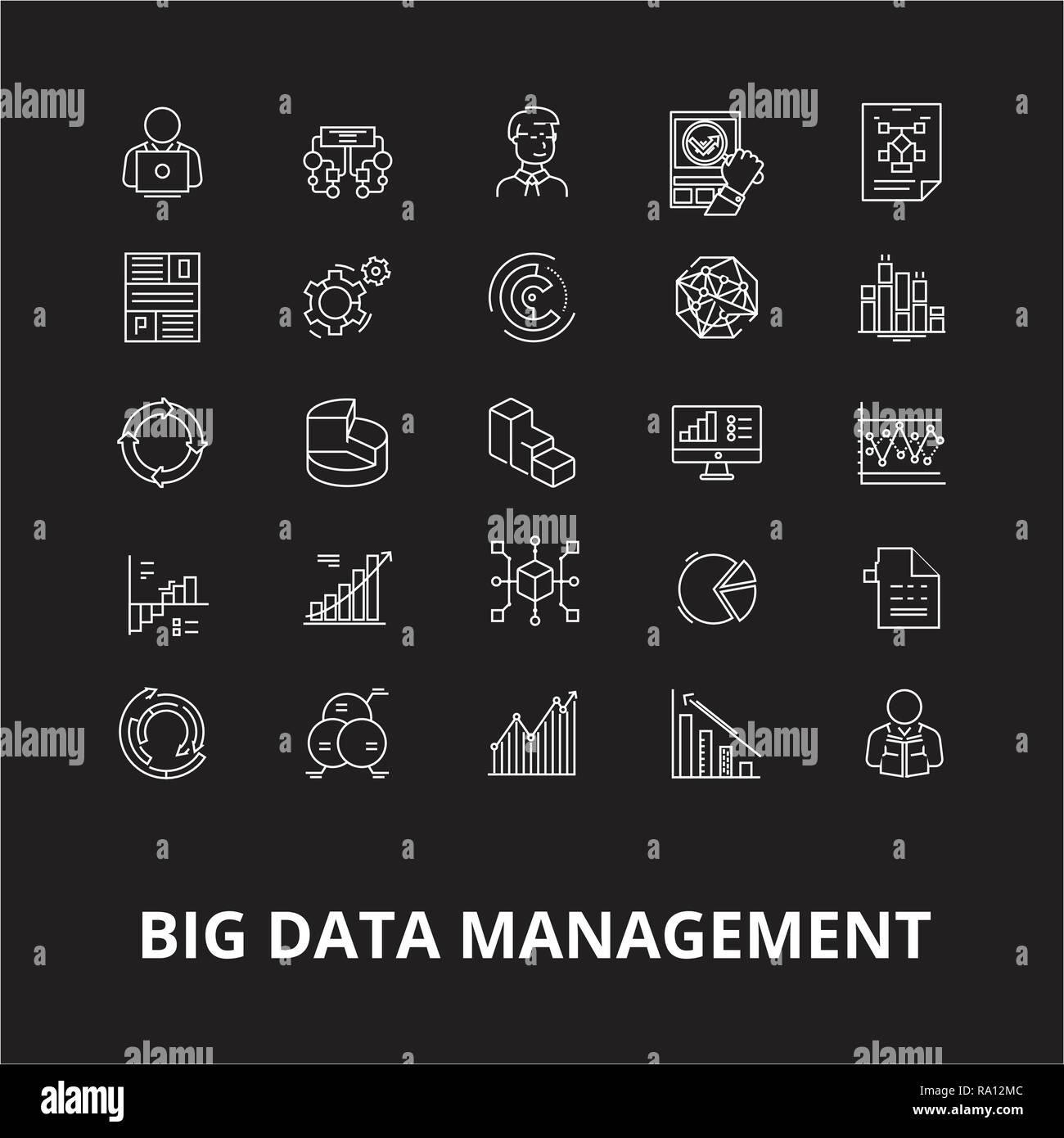 Big data management editable line icons vector set on black background ...