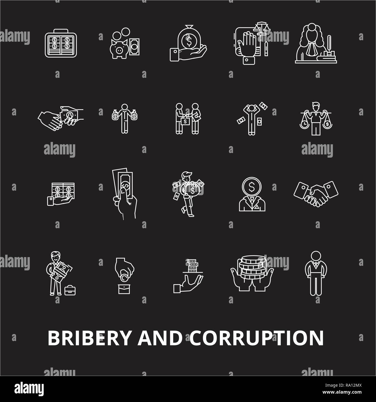 Bribery and corruption editable line icons vector set on black ... Bribery and corruption editable line icons vector set on black ...