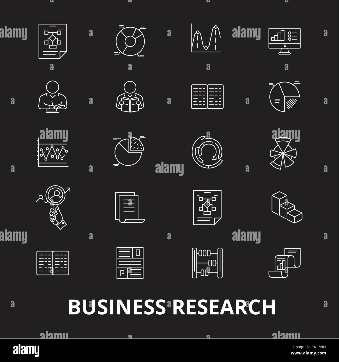 Business research editable line icons vector set on black background ...