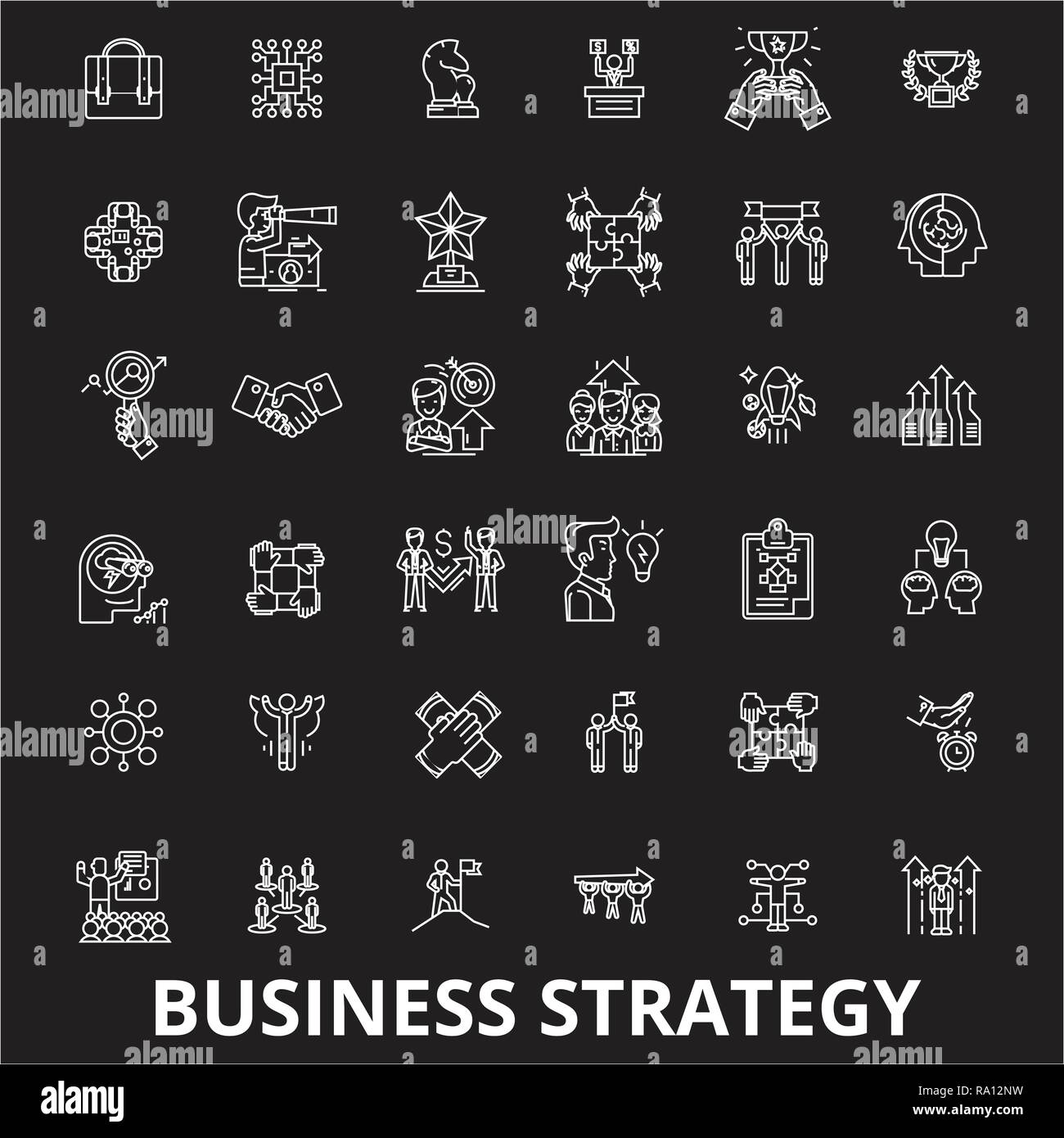 Business strategy editable line icons vector set on black background ...