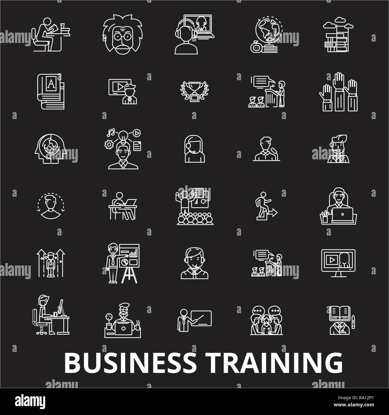 Business training editable line icons vector set on black background ...