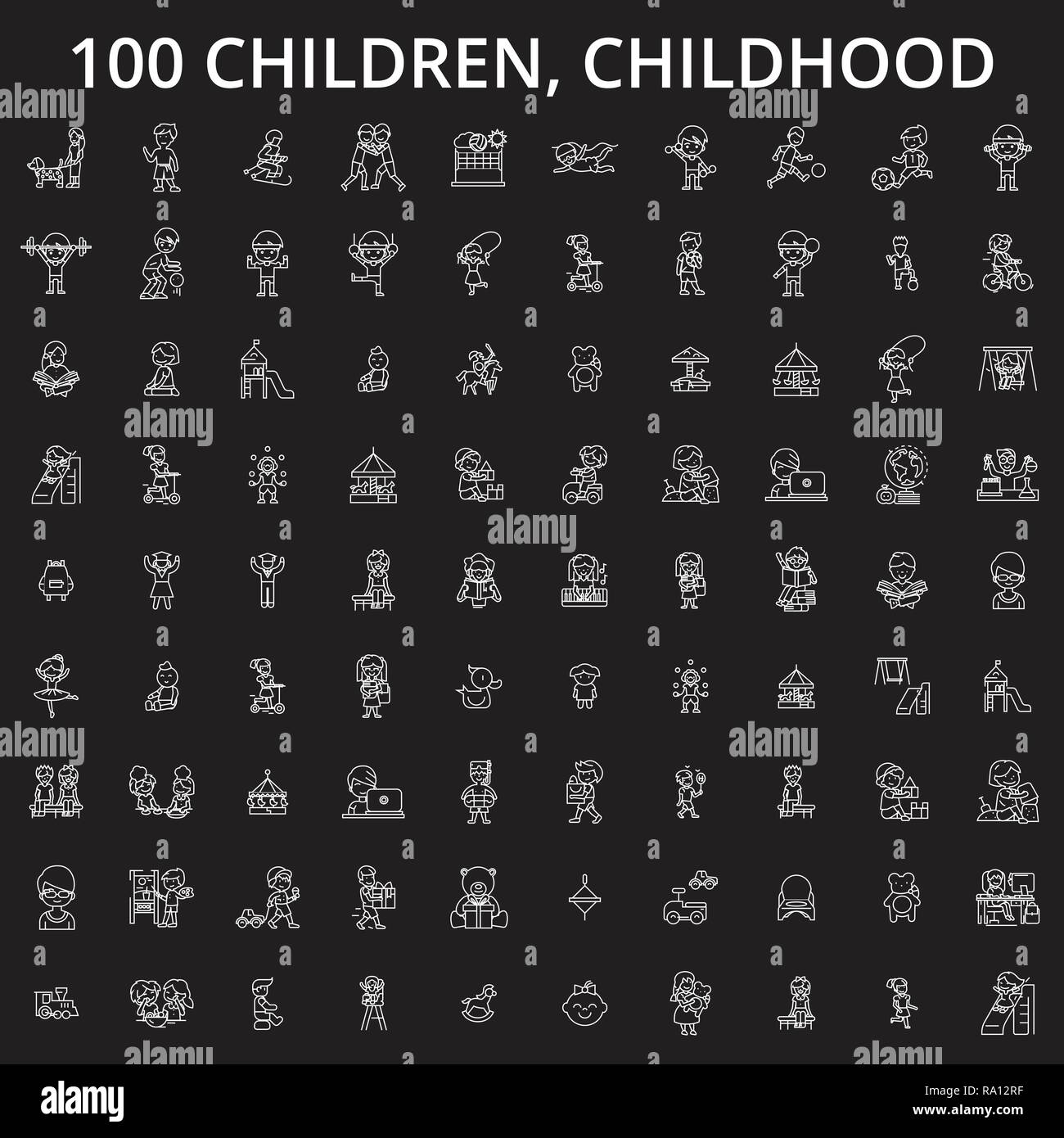 Children, childhood editable line icons vector set on black background ...