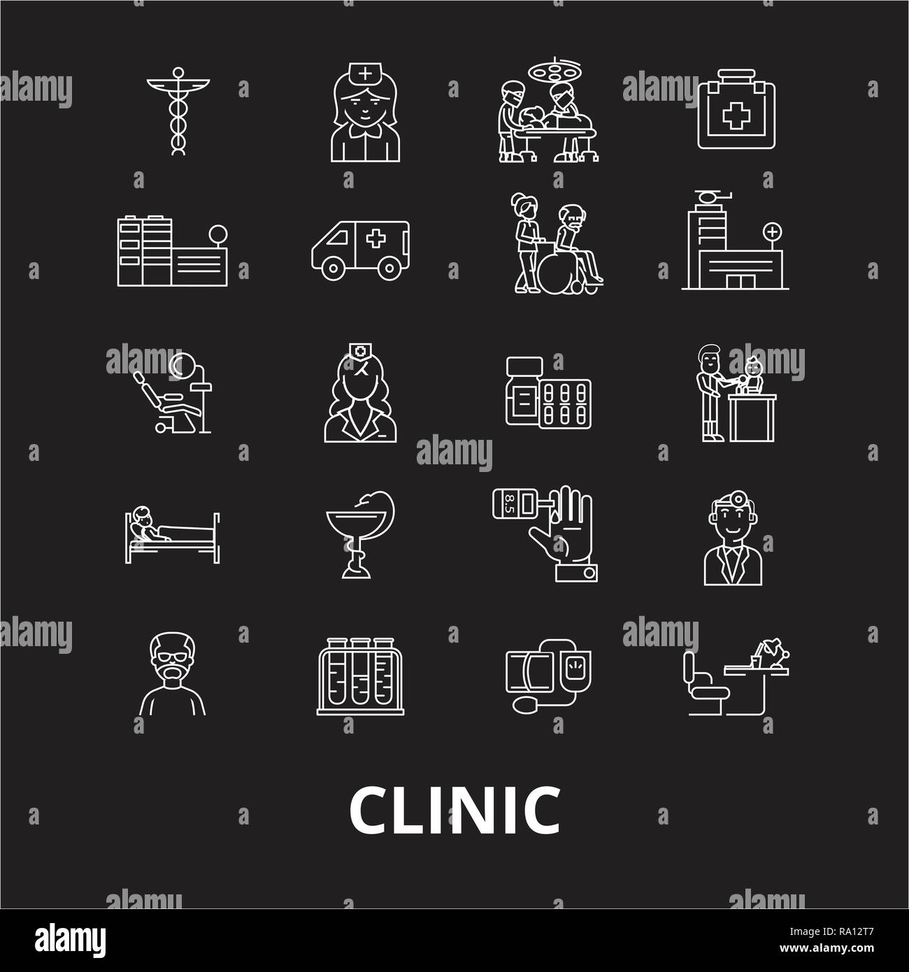 Clinic editable line icons vector set on black background. Clinic white ...