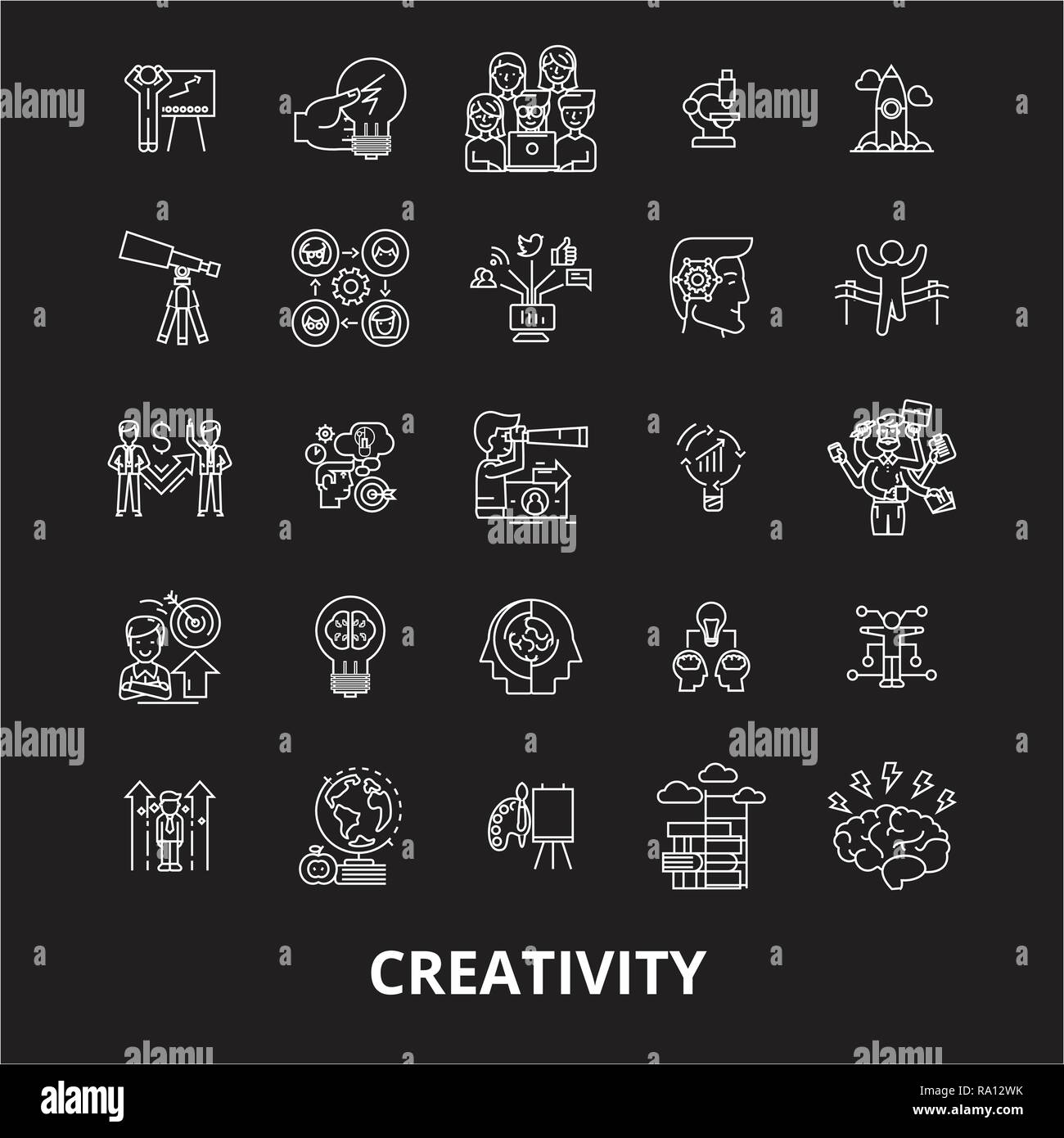 Creativity editable line icons vector set on black background. Creativity white outline ...