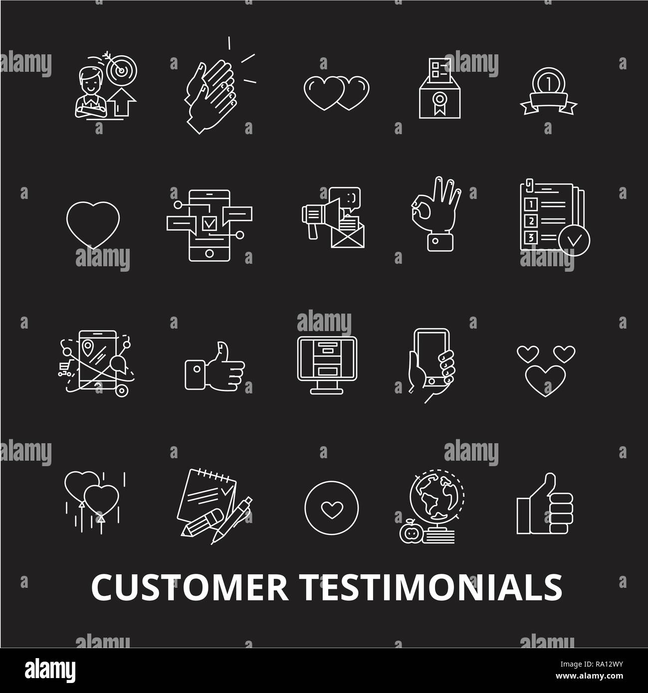 Customer testimonials editable line icons vector set on black ...