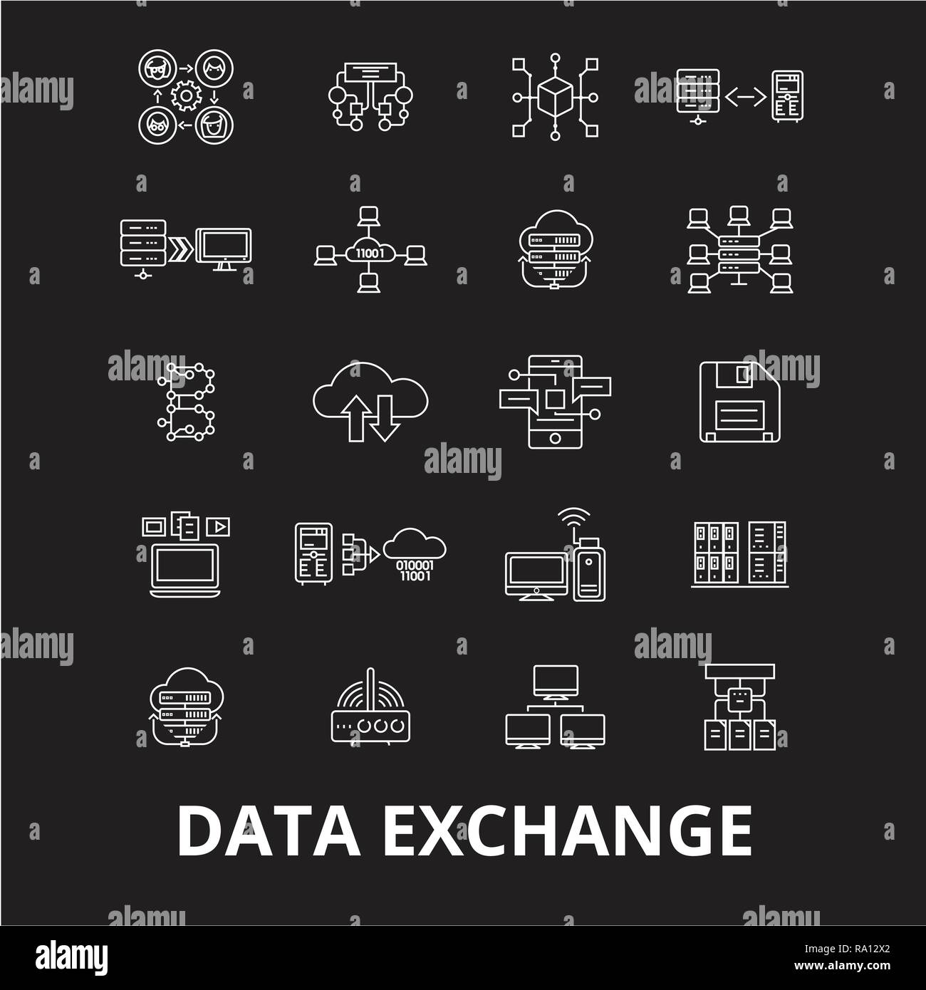 Data exchange editable line icons vector set on black background. Data ...