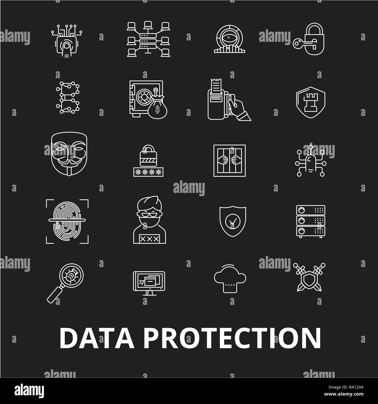 Data protection editable line icons vector set on black background ...