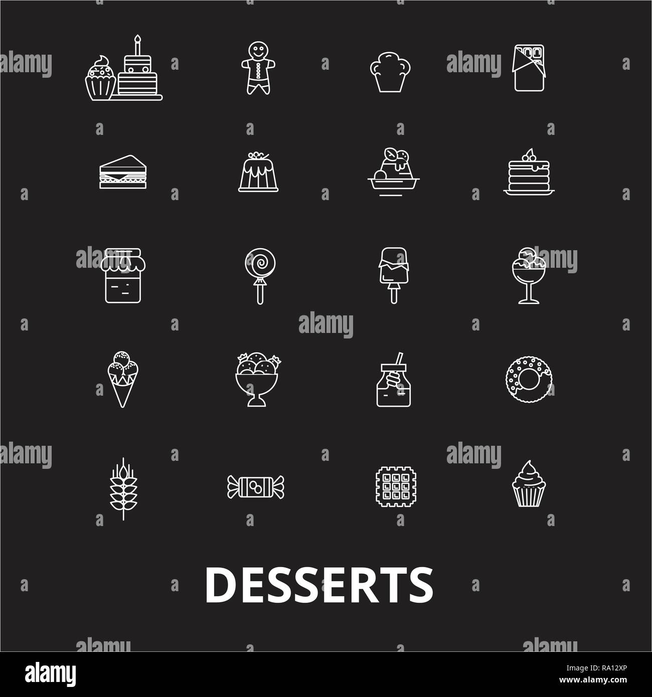 Desserts editable line icons vector set on black background. Desserts white outline ...