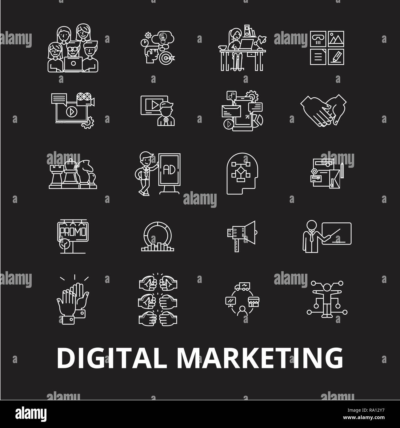Digital marketing editable line icons vector set on black background ...