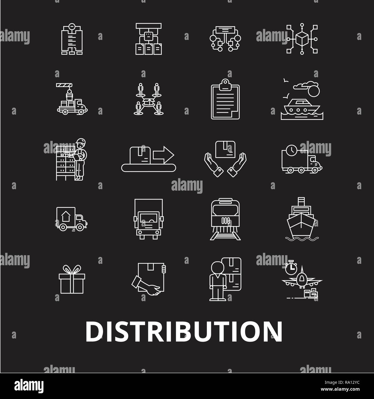Distribution editable line icons vector set on black background ...