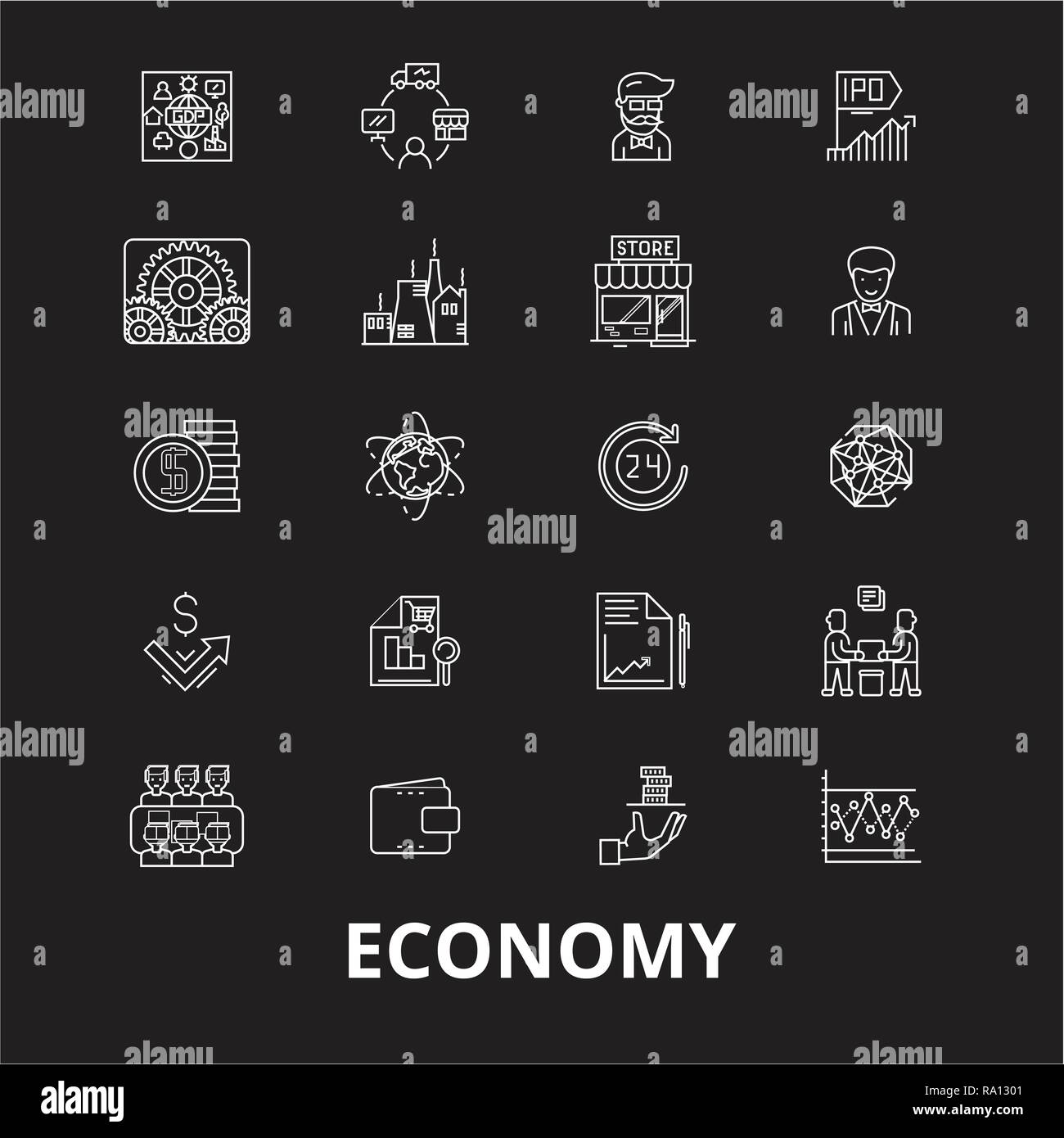 Economy editable line icons vector set on black background. Economy ...