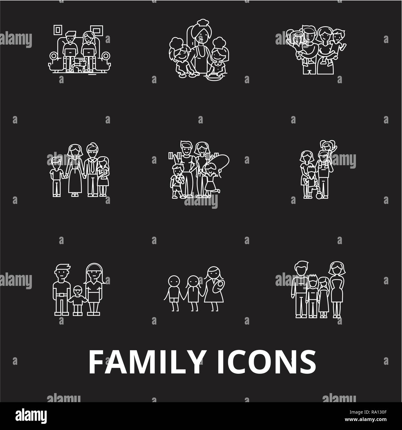 Family editable line icons vector set on black background. Family white ...