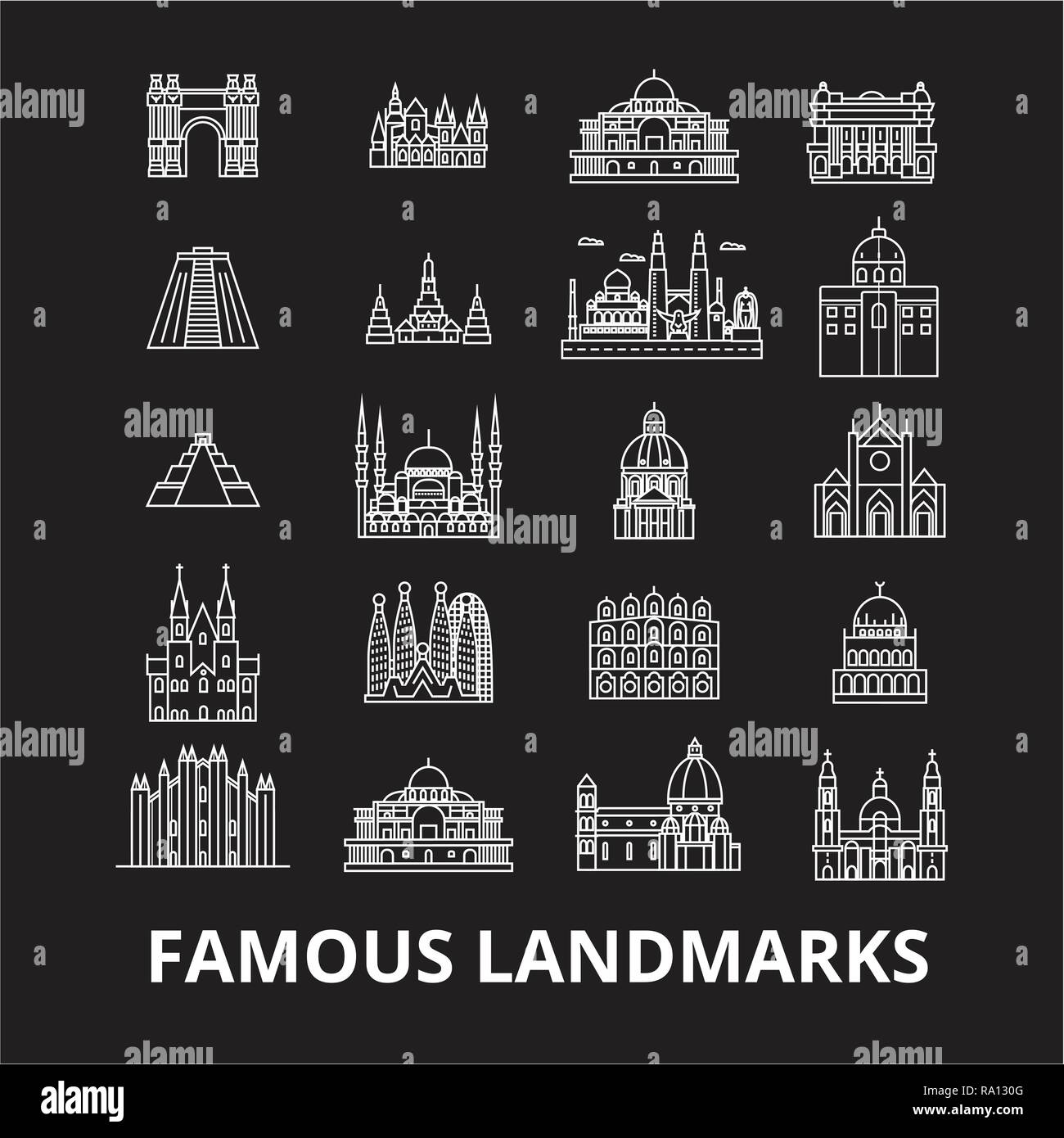Famous landmarks editable line icons vector set on black background ...
