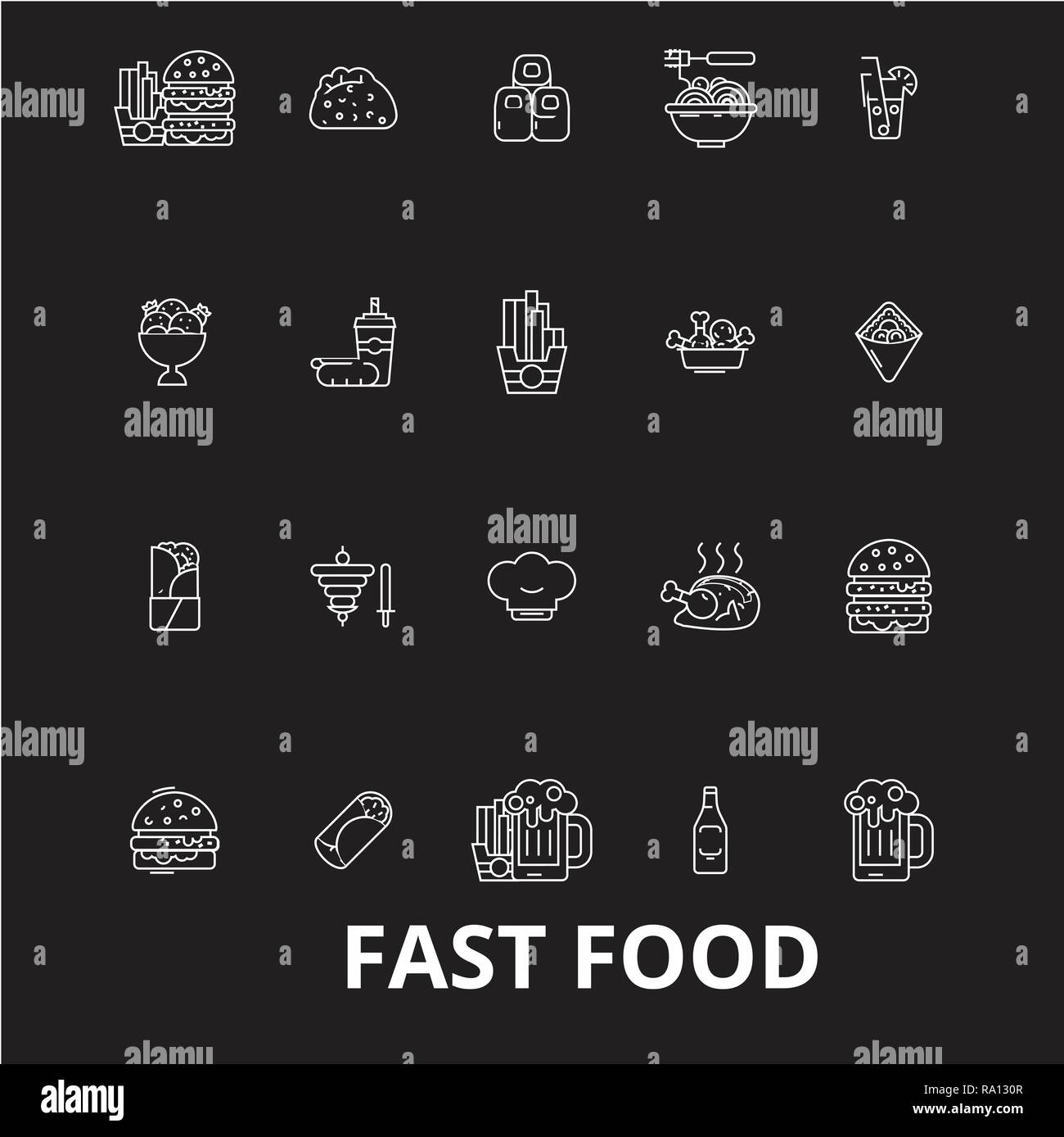 Fast food editable line icons vector set on black background. Fast food ...