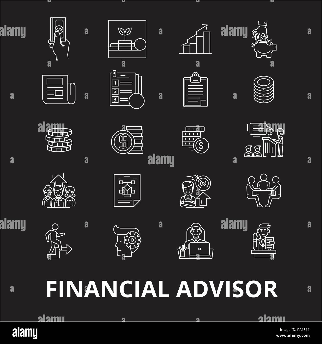 Financial advisor editable line icons vector set on black background ...