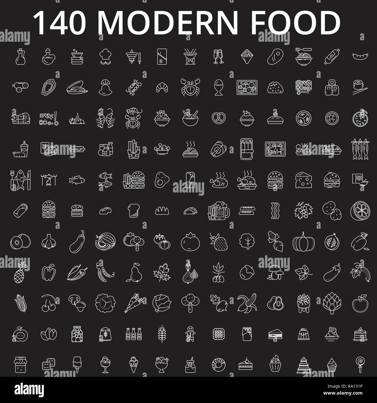 Food icons editable line icons vector set on black background. Food ...