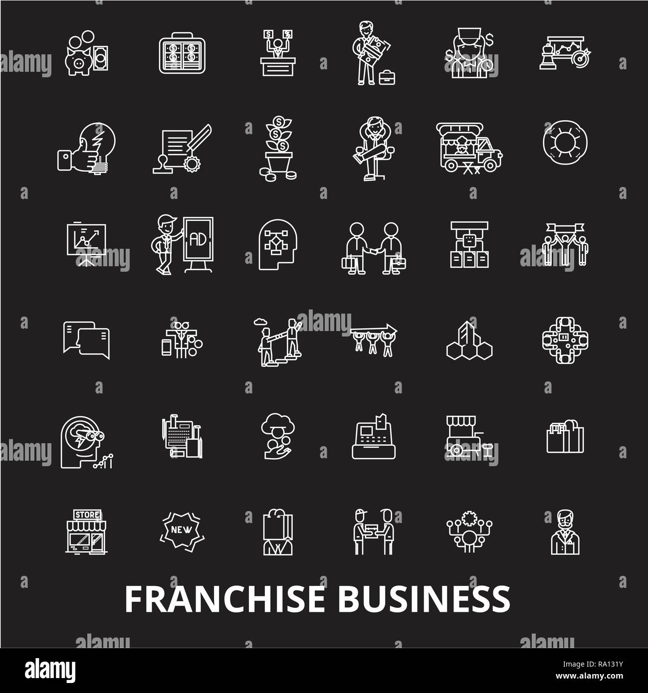 Franchise business editable line icons vector set on black background ...