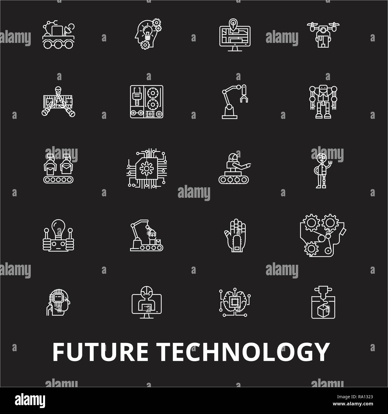 Future technology editable line icons vector set on black background ...